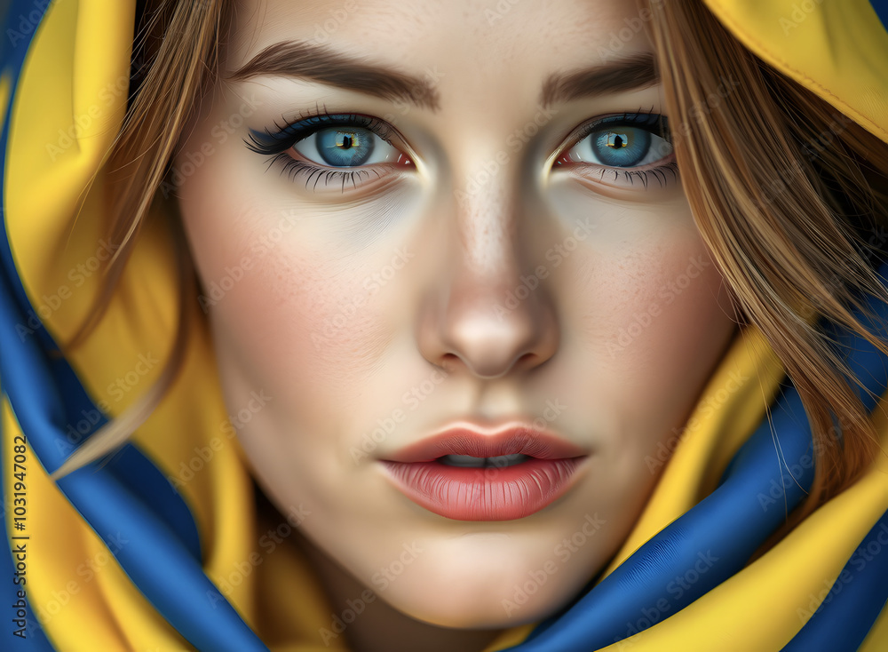 Ukrainian woman's face painted in blue and yellow tones. Independence Day of Ukraine. Prayer for ...