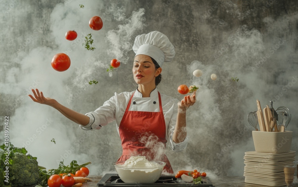 Female chef is juggling vegetables and ingredients while cooking ...