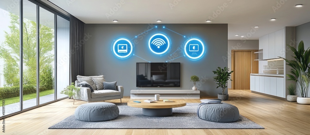 Smart home living room with three glowing icons on the wall ...