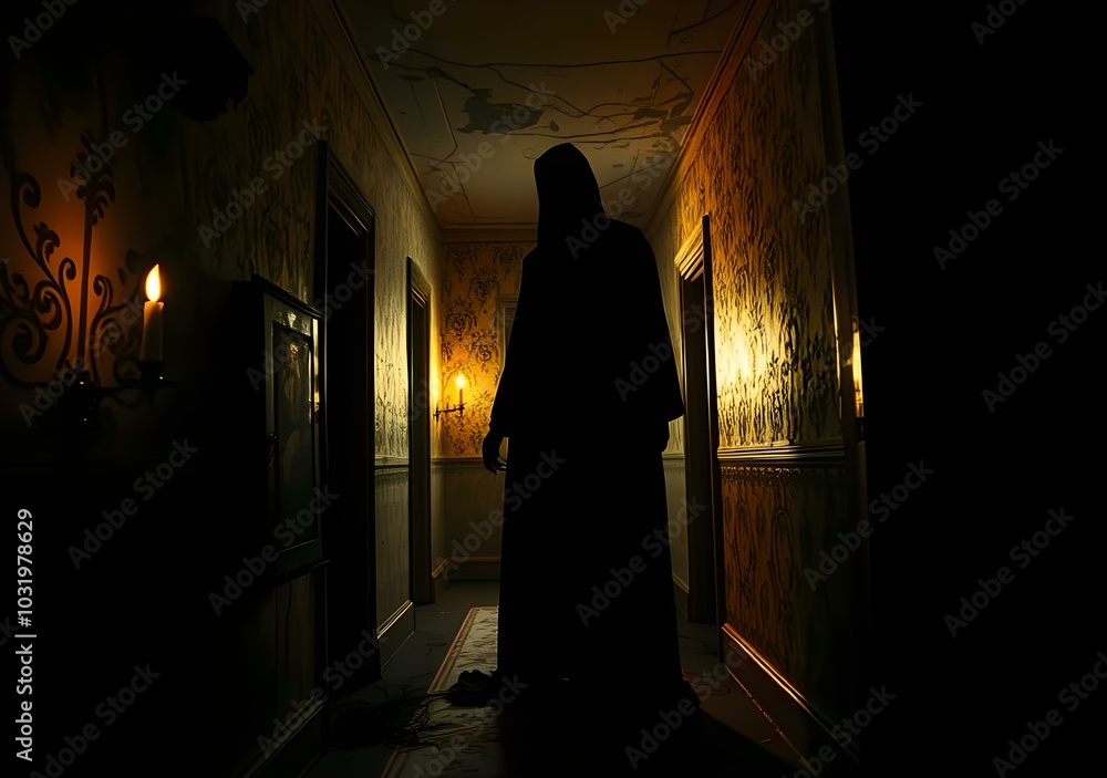 evil spirit haunting an abandoned house, dark silhouette in a ruined ...