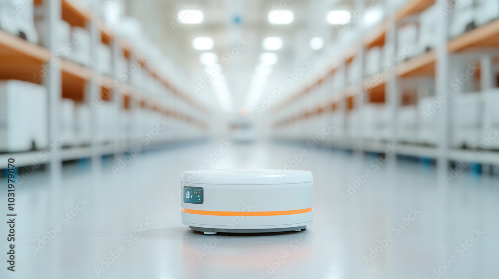 A modern robotic device in a warehouse setting, designed for efficient ...