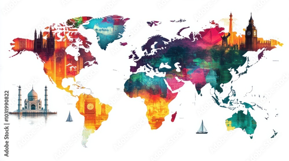 A vibrant world map with bold, distinct colors marking each country ...