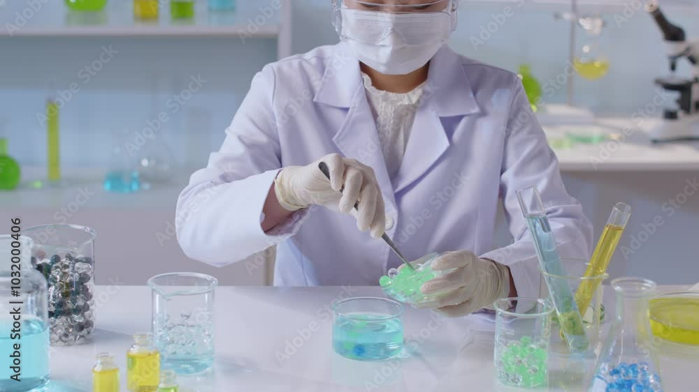 An experimental scene about a scientist gently placing crystals from a ...