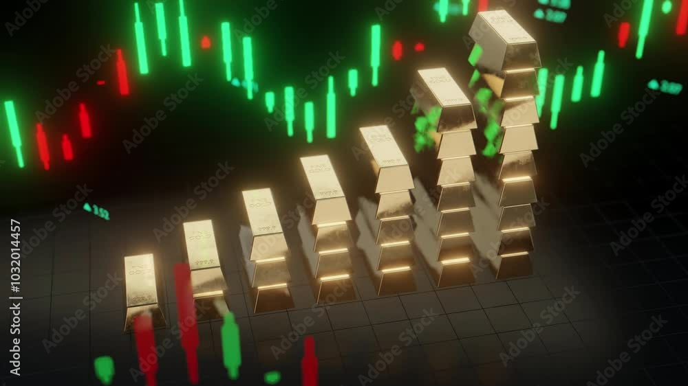 Rows of stacked gold bars displayed alongside a stock market chart featuring red and green ...
