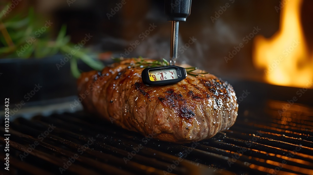 Delicious grilled steak with a temperature probe on a barbecue grill ...