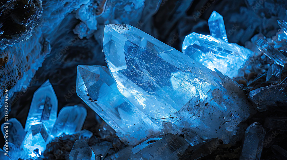 Crystal with Sharp Facets Glowing Blue, Set in Dark Cave with Faint ...