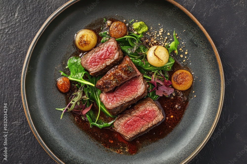 Bird's eye view of a plate displaying a juicy medium-rare beef steak ...