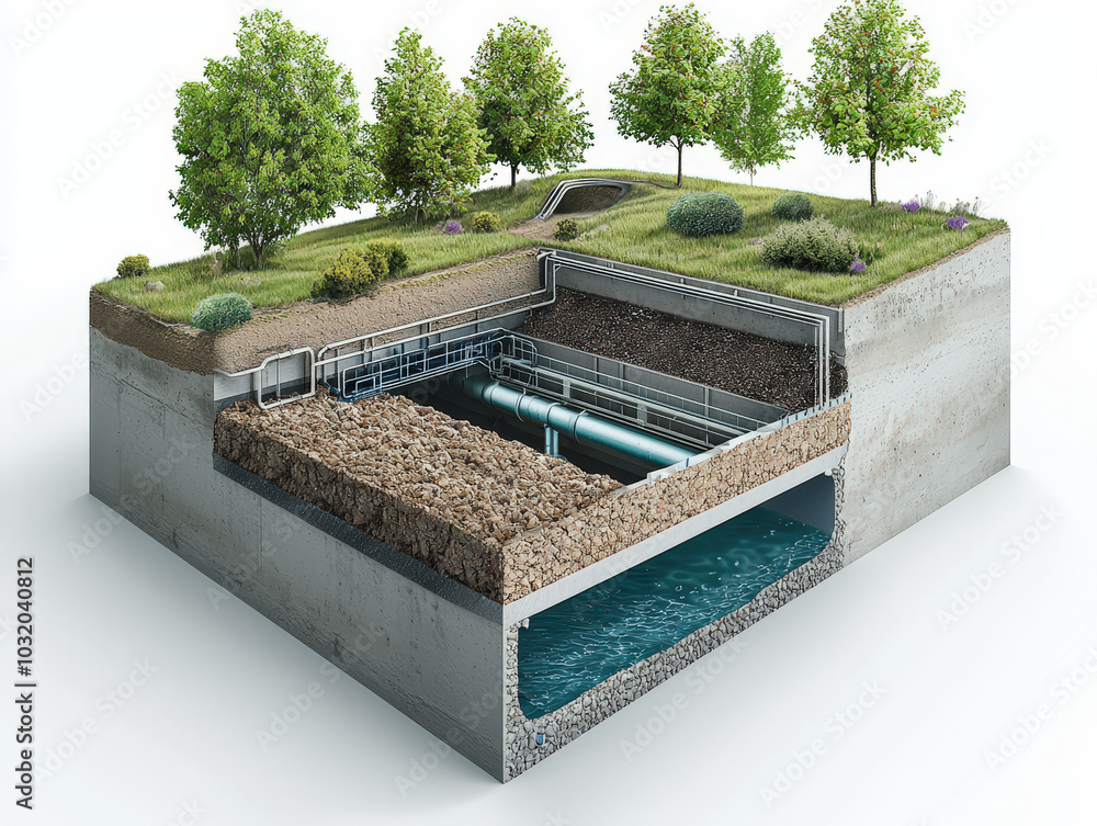Wastewater treatment plant cross section illustration showcasing ...