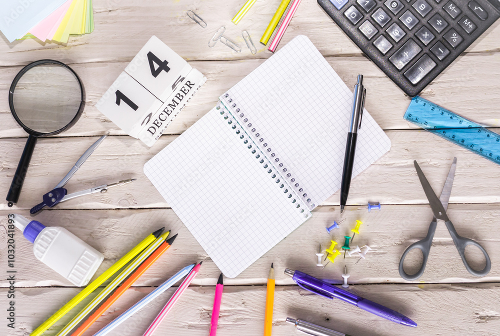 December calendar with number 14. Copy of space note. Top view of blank ...