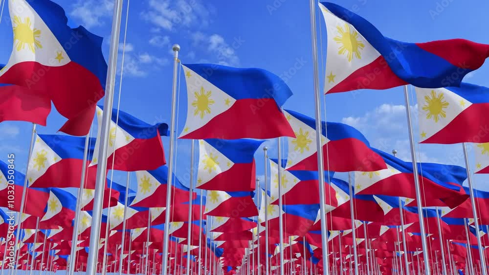 Philippine national flags waving in the wind against a blue sky ...