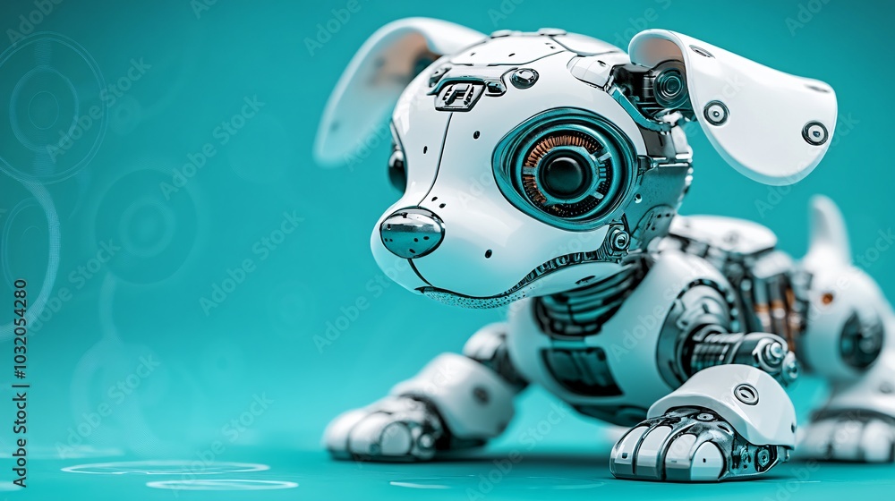 Robot puppy with mechanical limbs and wagging tail standing proudly on ...
