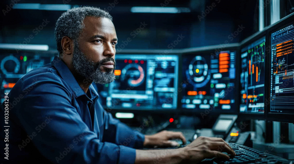 focused man works in high tech control room, analyzing data on multiple ...