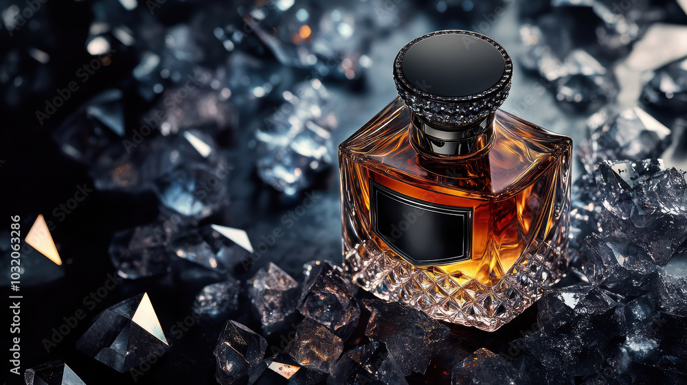 A bottle of perfume is displayed on a table with a lot of ice cubes ...