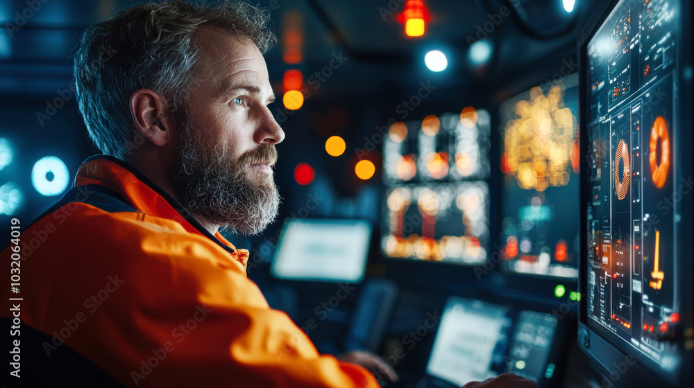 focused man in orange work jacket operates advanced control systems in ...
