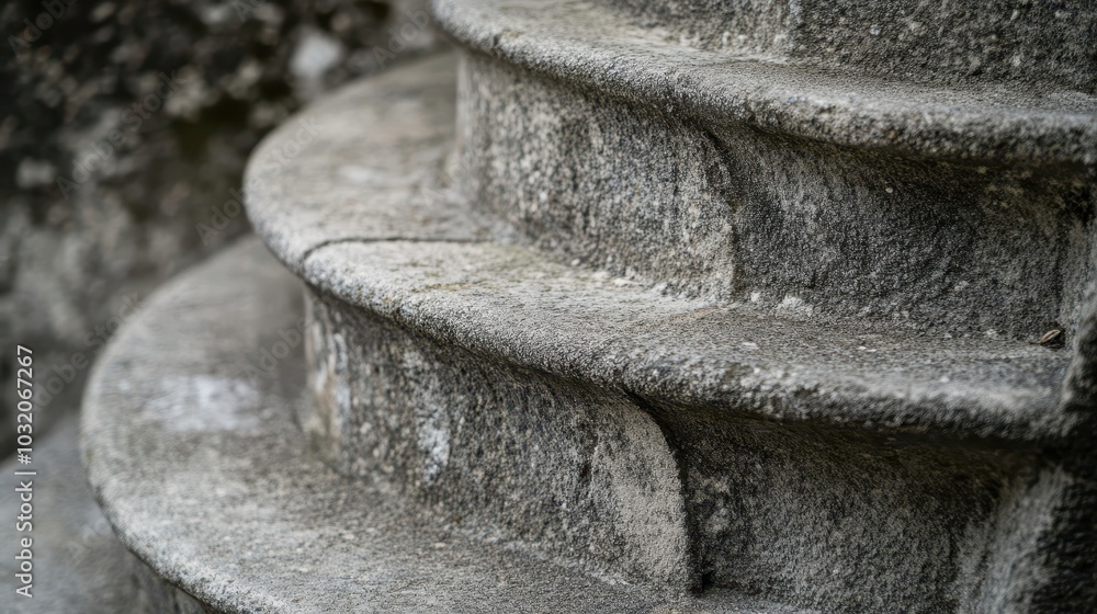 Narrow spiral staircase with worn stone steps cracks and chips visible ...