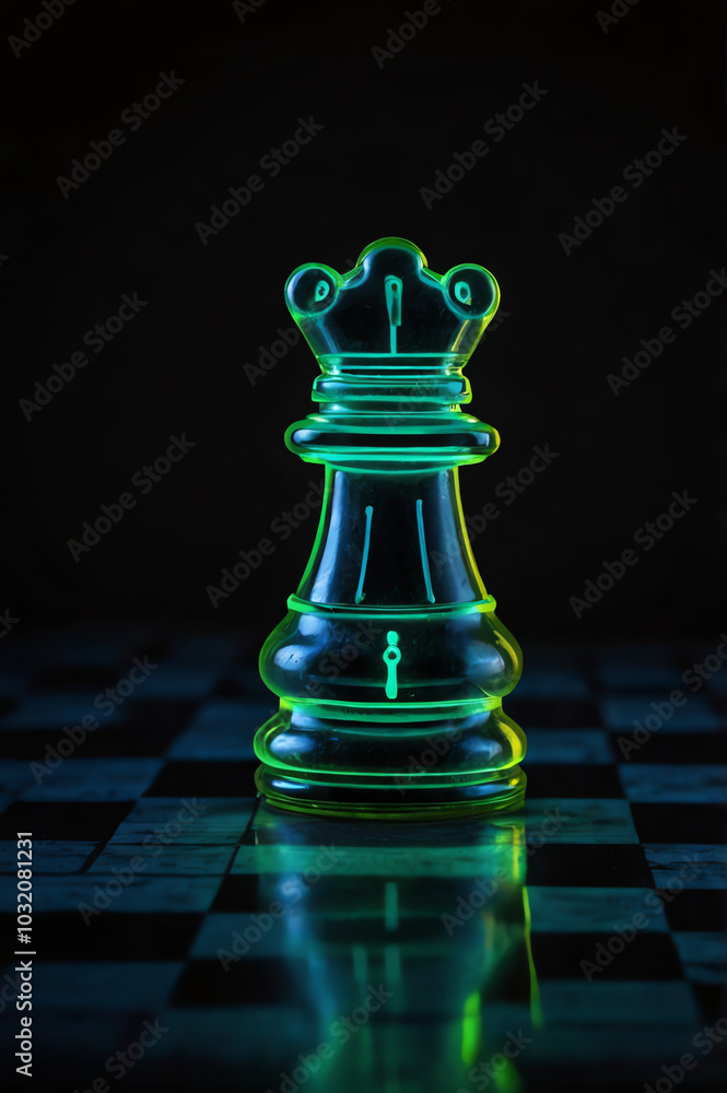 Glowing neon chess pieces displayed on a chessboard against a dark ...