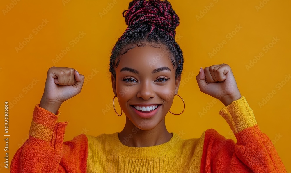 Confident gen z woman with two tone braids celebrating on a vibrant ...