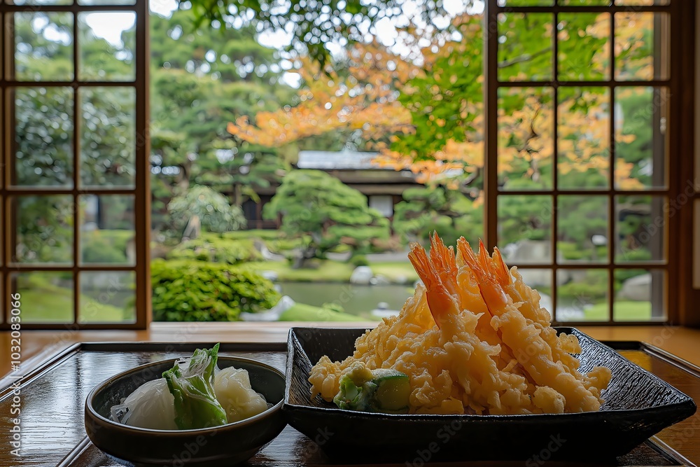 Golden Tempura Shrimp and Vegetables, Served on a Minimalist Table in a ...
