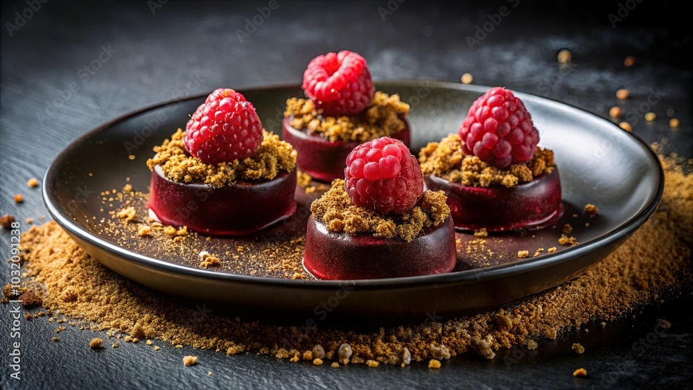 A cluster of dark chocolate topped desserts with red raspberry ...