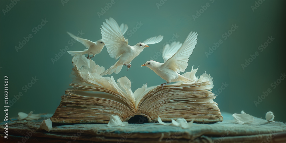 An open book with its pages transforming into three white birds taking ...