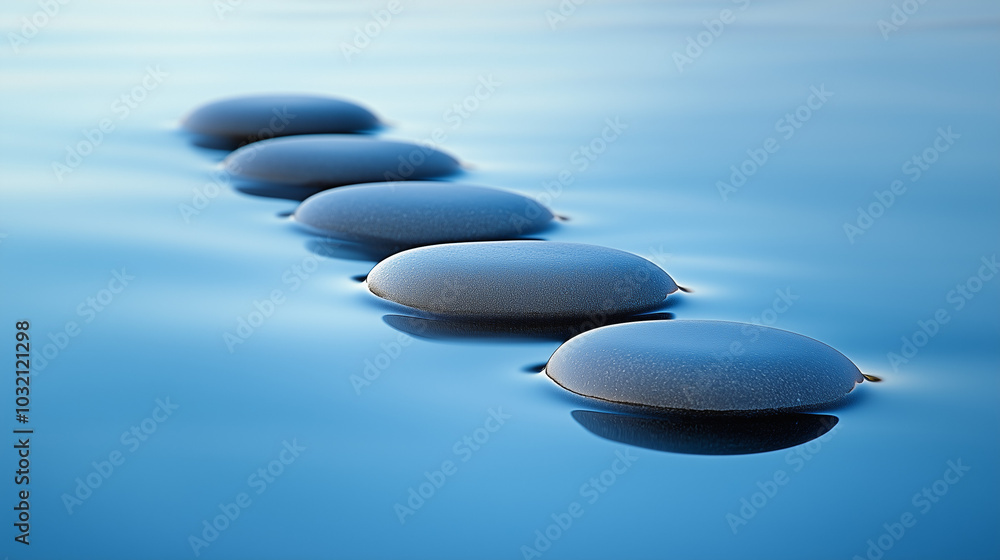 Zen path of stones, Smooth stones forming a serene path across calm ...