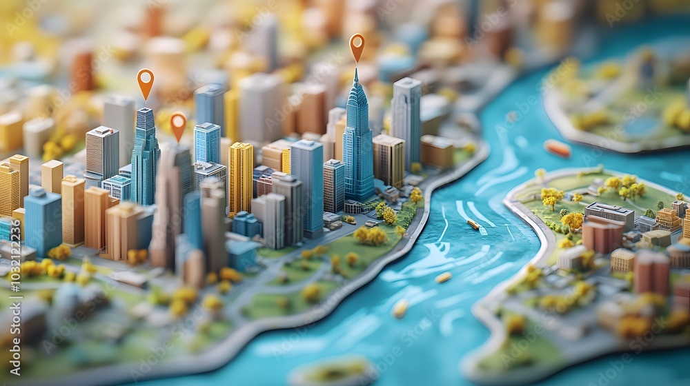 A 3D city map displaying GPS location pins, winding rivers, and ...