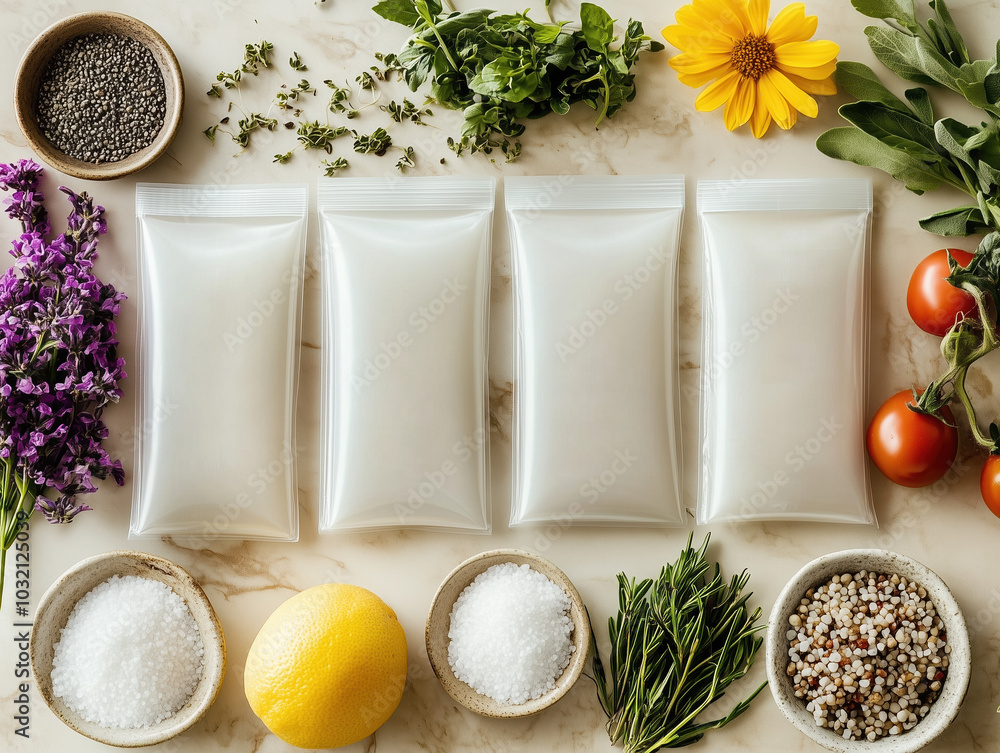 Mock-Up of Four White Mylar Bags Positioned Side by Side on a Vibrant ...