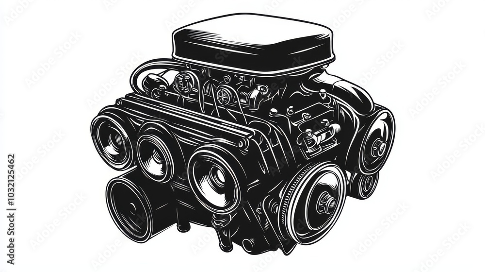 Detailed Black and White Illustration of a Classic V8 Engine in Retro ...