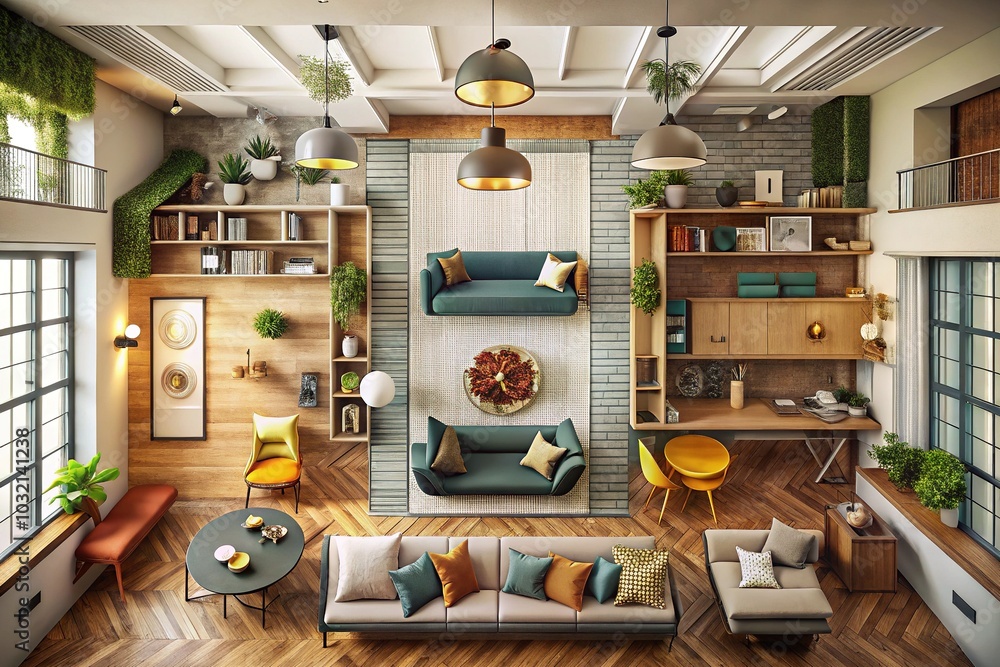 Vintage Style Residential Co-living Space Design, Top View 3D Render ...