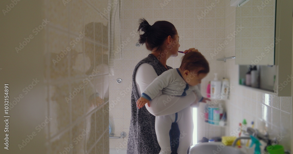 Mother multitasking as she brushes her teeth while carrying her baby in ...