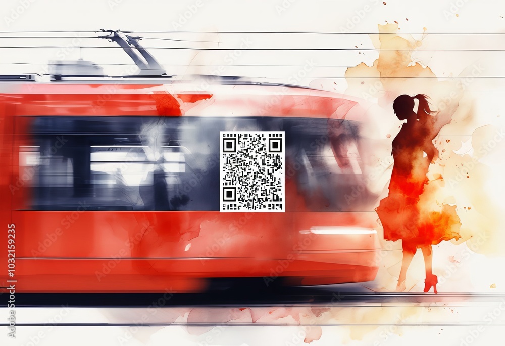 motion blur qr code overlaid on a red tram with a young womans s Stock ...