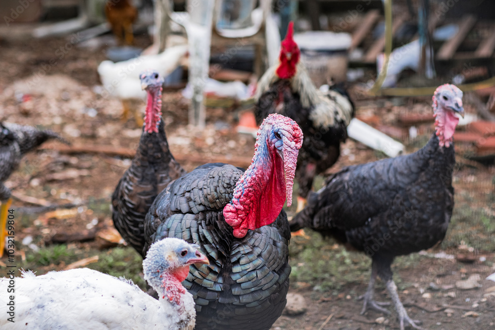 Gray huge turkey with red beautiful growths on his head on his head ...
