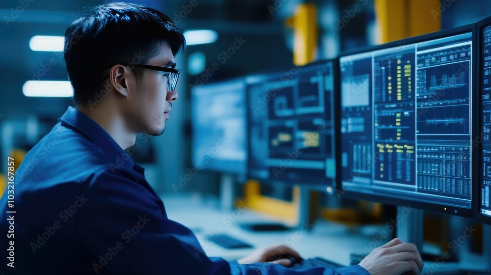 Manager Reviewing Real Time Data on Factory Floor Dashboard to Optimize ...