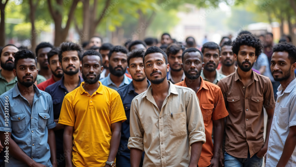 Large group of diverse young men walking together: Unity and social ...