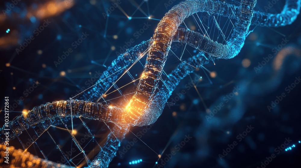 A concept showing blockchain intertwined with DNA sequences ...