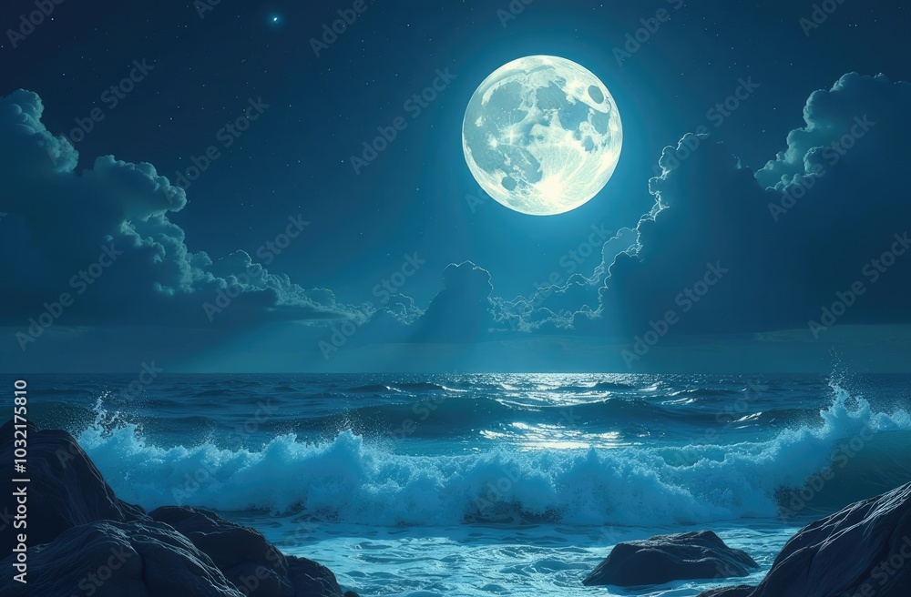 The night sky with a large blue moon rises above the sea among the ...