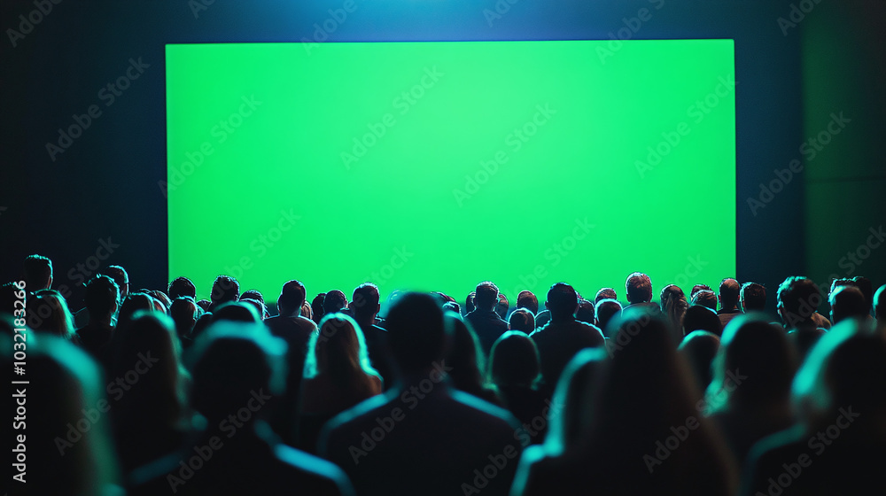 3d realistic render of crowd looking to big huge green screen monitor ...