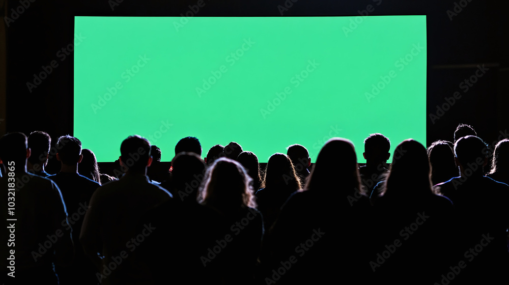 3d realistic render of a crowd looking to big huge green screen monitor ...