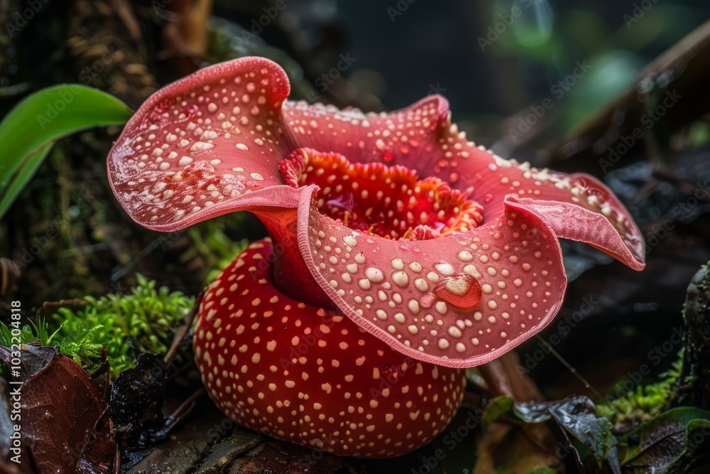 Rafflesia flower is shown blooming in the rainforest with vivid red ...