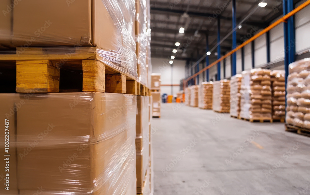 Warehouse interior with stacked pallets and packages on wooden pallets. Stock Photo | Adobe Stock