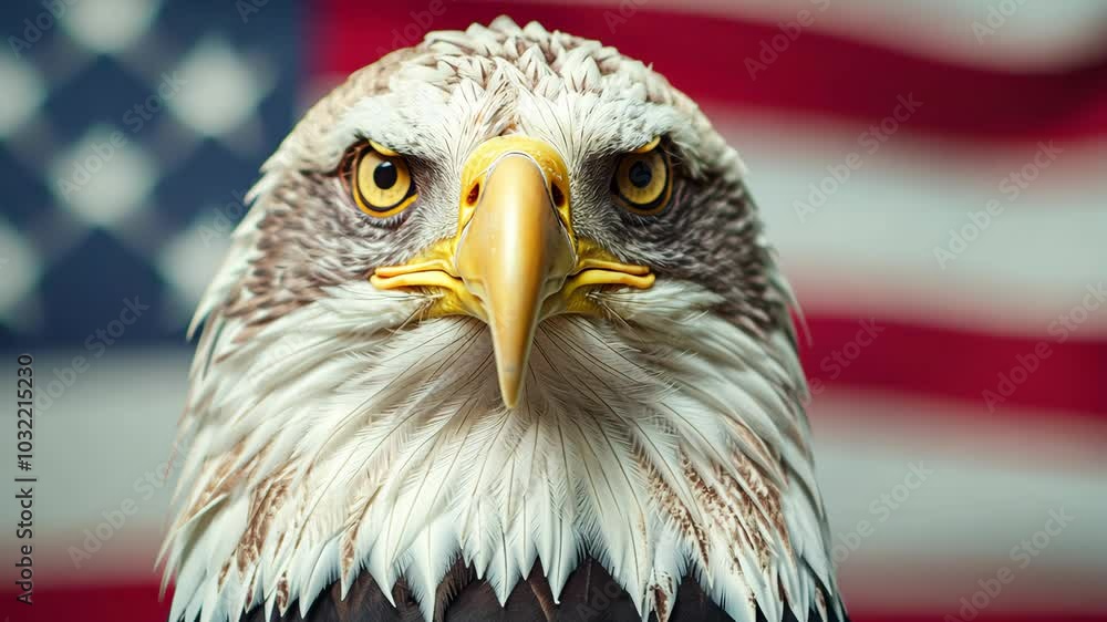 Majestic Bald Eagle Front View Against Blurred American Flag Background ...
