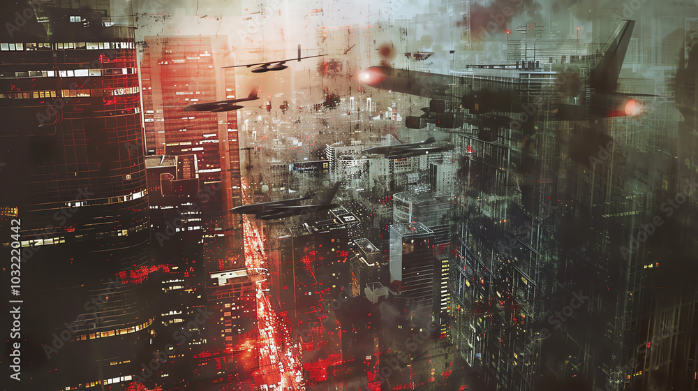 Capture a high-angle view of a dystopian cityscape, featuring aviation ...
