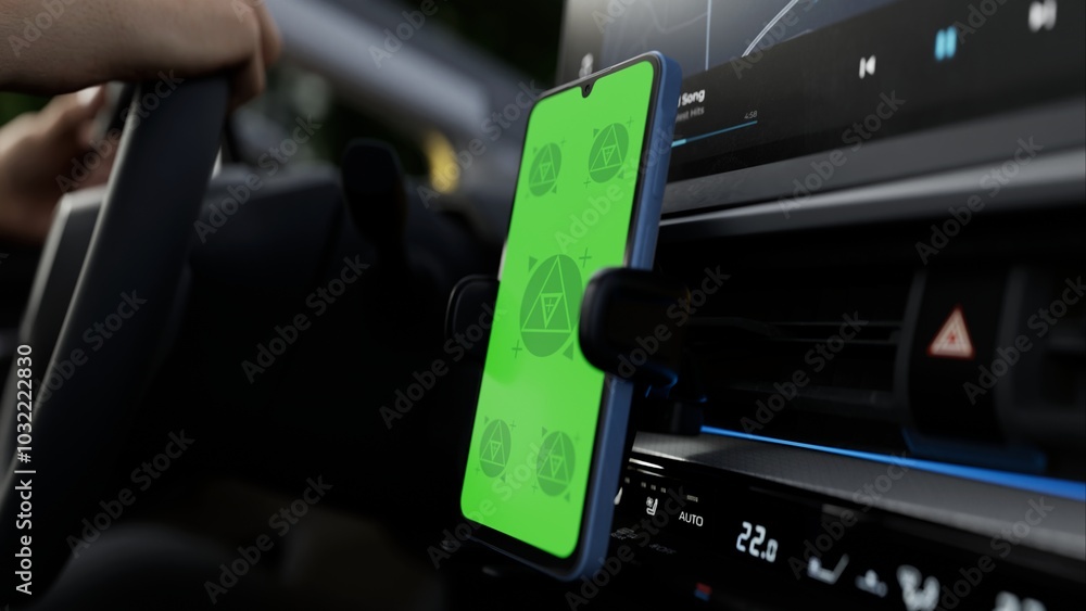 GREEN SCREEN CHROMA KEY A phone mounted on a car dashboard with a green ...