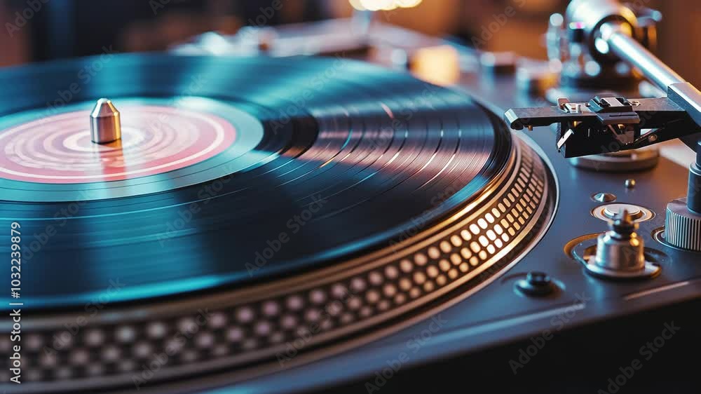 A close-up of a record spinning on a turntable, highlighting the ...