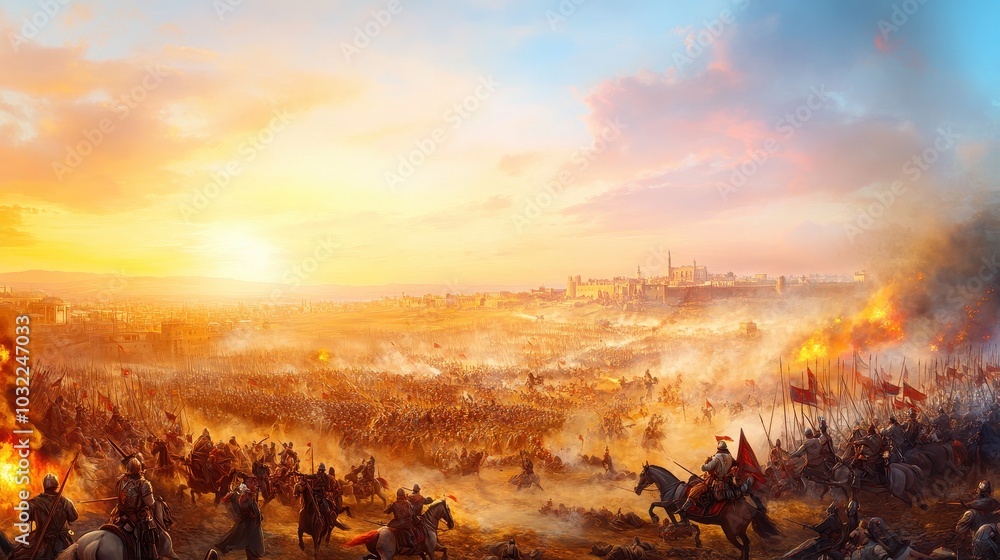 Highly detailed panoramic illustration of an epic large-scale medieval ...