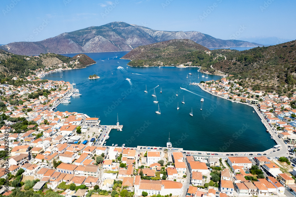 Aerial view of vathy, the main port of ithaki island in greece, showing ...