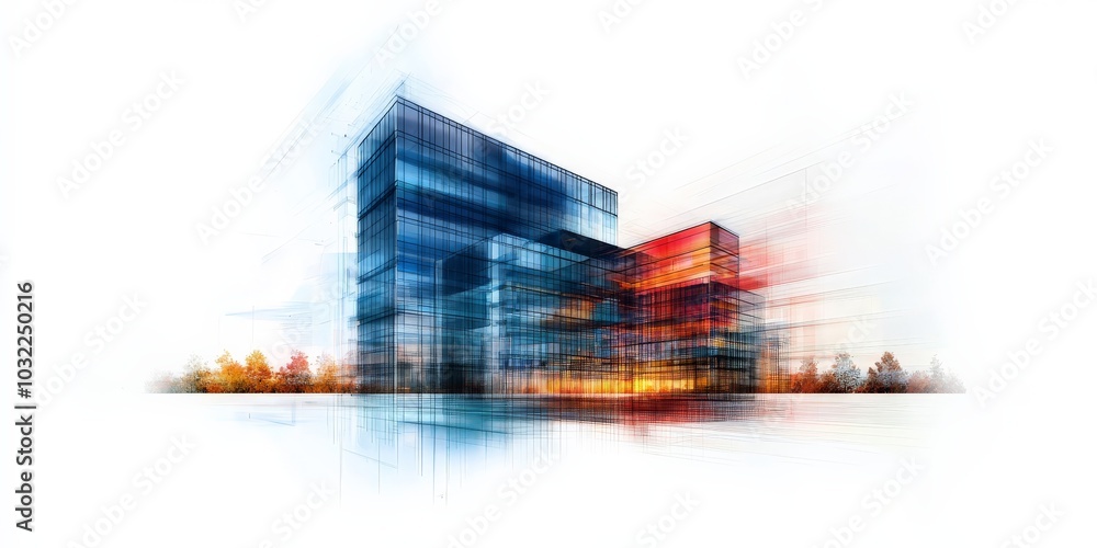 A corporate building transitioning into a digital framework, with ...