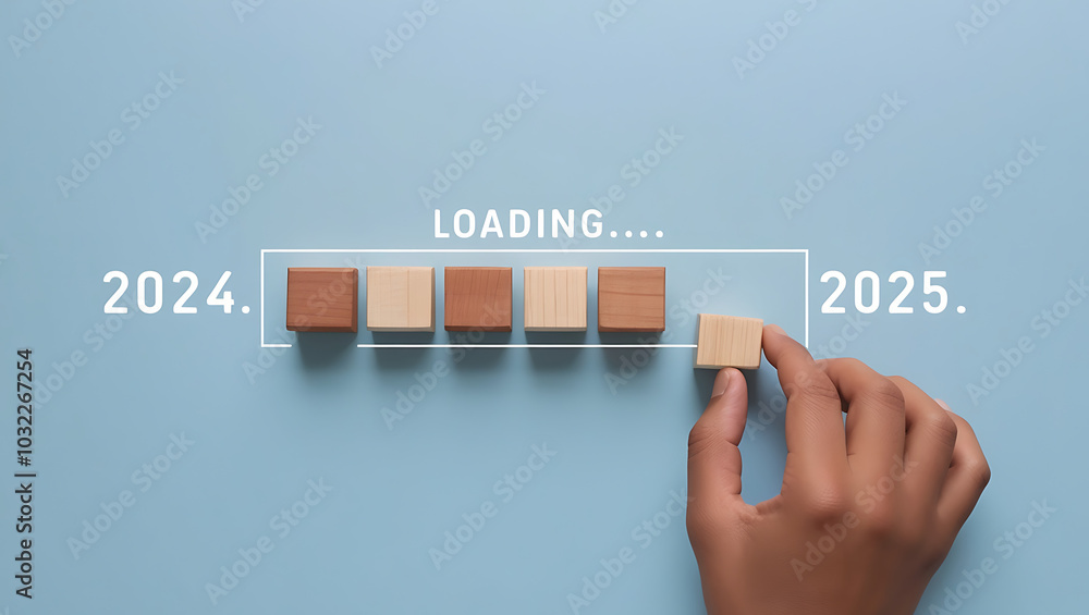 2025 loading, 2024 to 2025 loading wooden bar. A hand places wooden ...