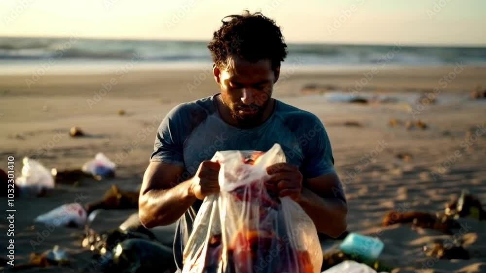 A young man, stands on a sun-drenched beach, holding a large, bulging ...