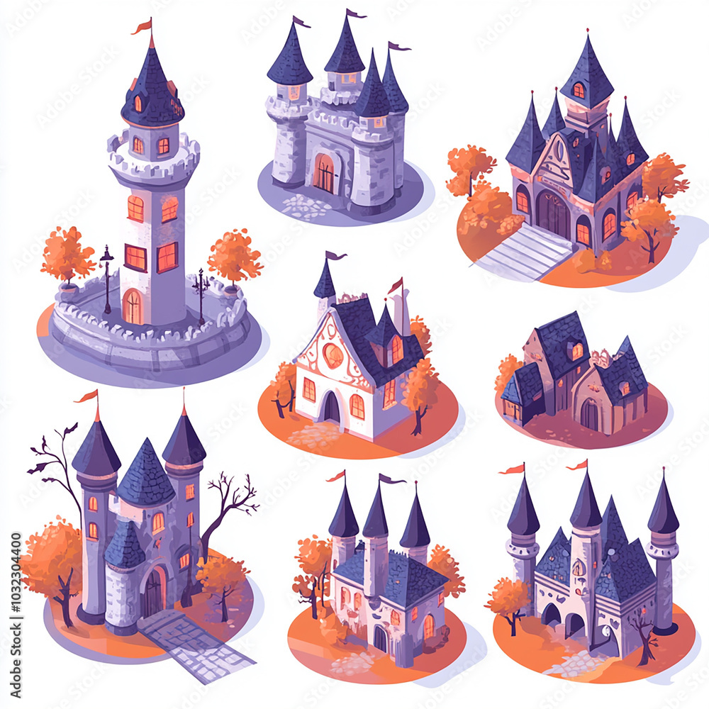 Magic castle halloween set isometric vector flat isolated illustration ...